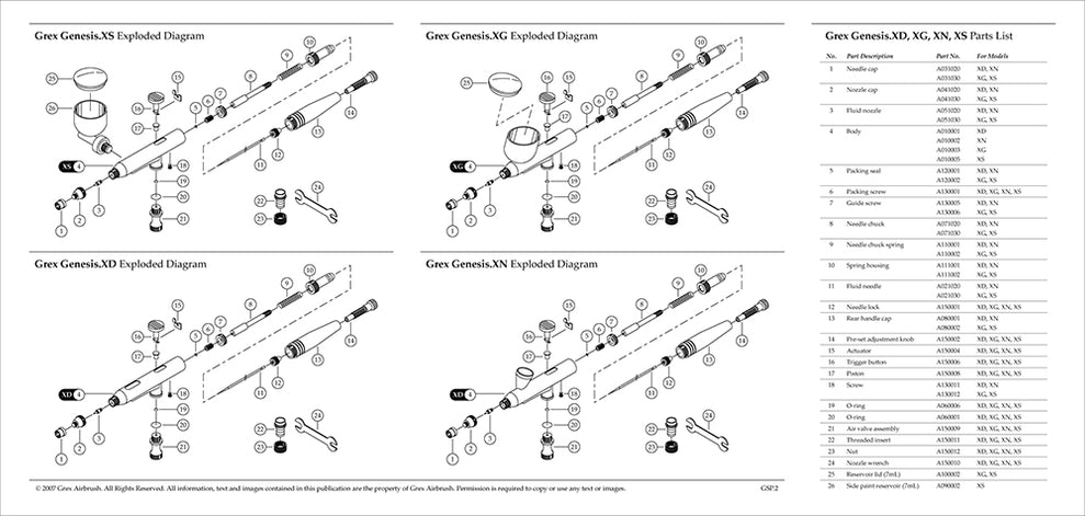 Grex Genesis XS, XG, XD, XN Airbrush Parts — Midwest Airbrush Supply Co